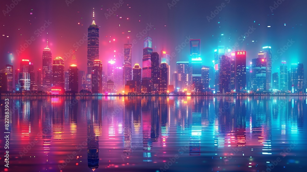 Modern metropolis night landscape in fluorescent neon colors, cartoon ...