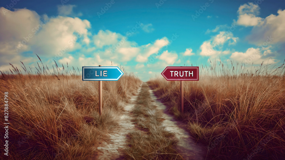 Red and blue signs for lie and truth outdoors in nature field road path ...
