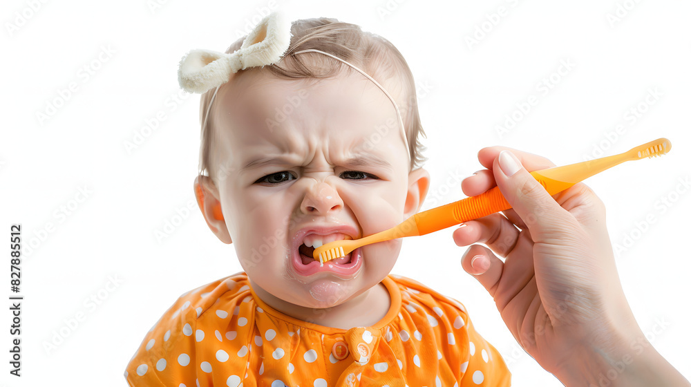 Mother brushing her daughters teeth. crying baby with tooth brush ...