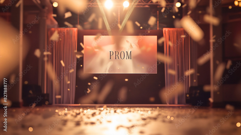 Prom event party celebration stage with spotlight and confetti falling ...