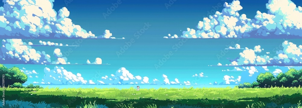 a blue sky with clouds and a green field below, this pixel art game ...