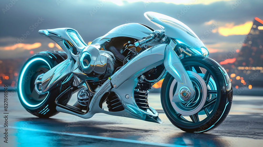 Futuristic white and blue neon glowing motorcycle bike design, fast ...