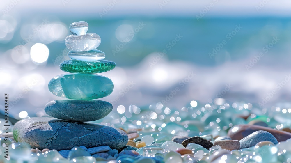 Sea glass Zen stones arranged in a balance pyramid on the beach ...
