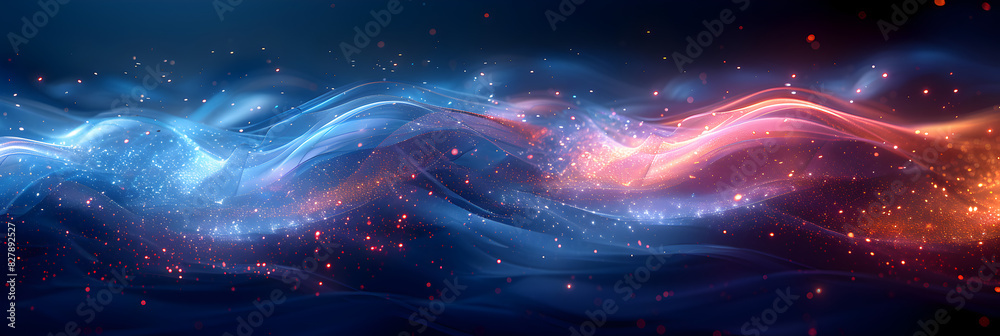 The blue neon wave line background exudes a dark, moody ambiance, with ...