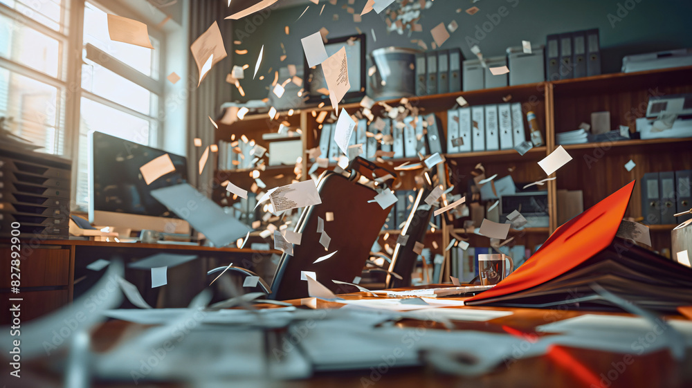 Paper documents flying all around the modern business office interior ...