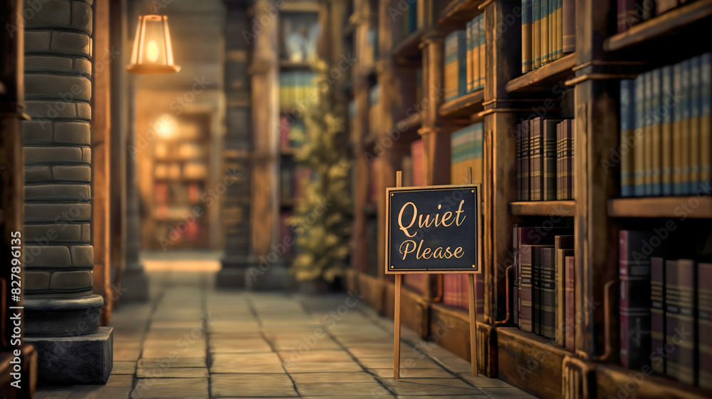 Sign with text quiet please in old vintage retro library room interior ...