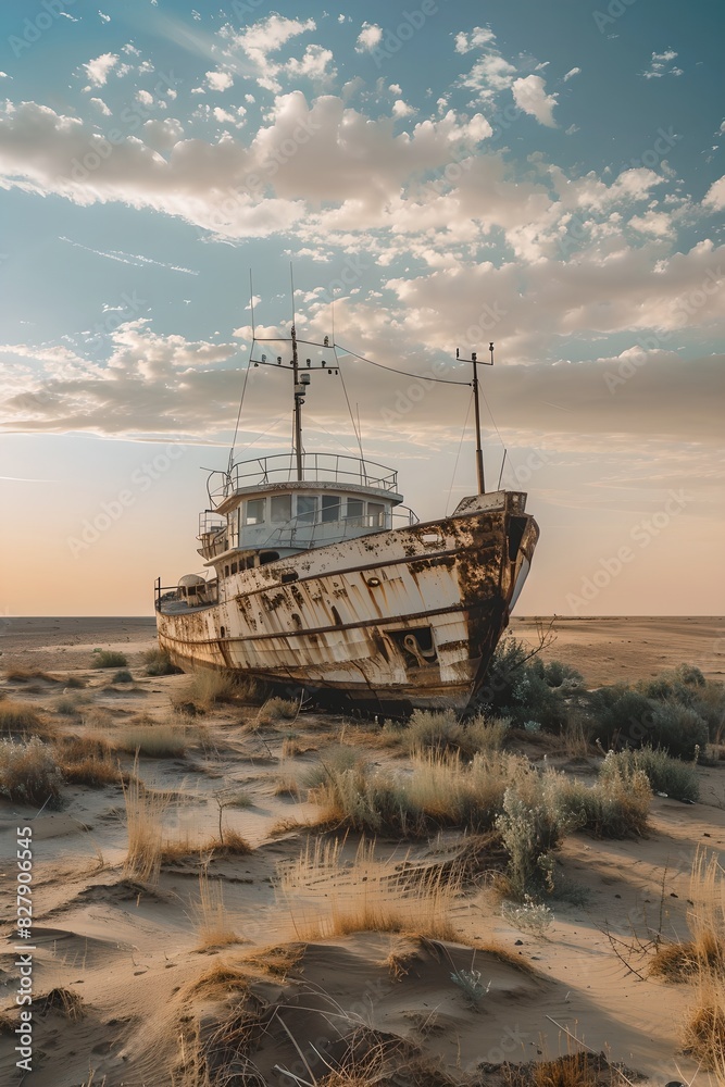 Abandoned ship on dry desert land. Aral Sea landscape. Natural disaster ...
