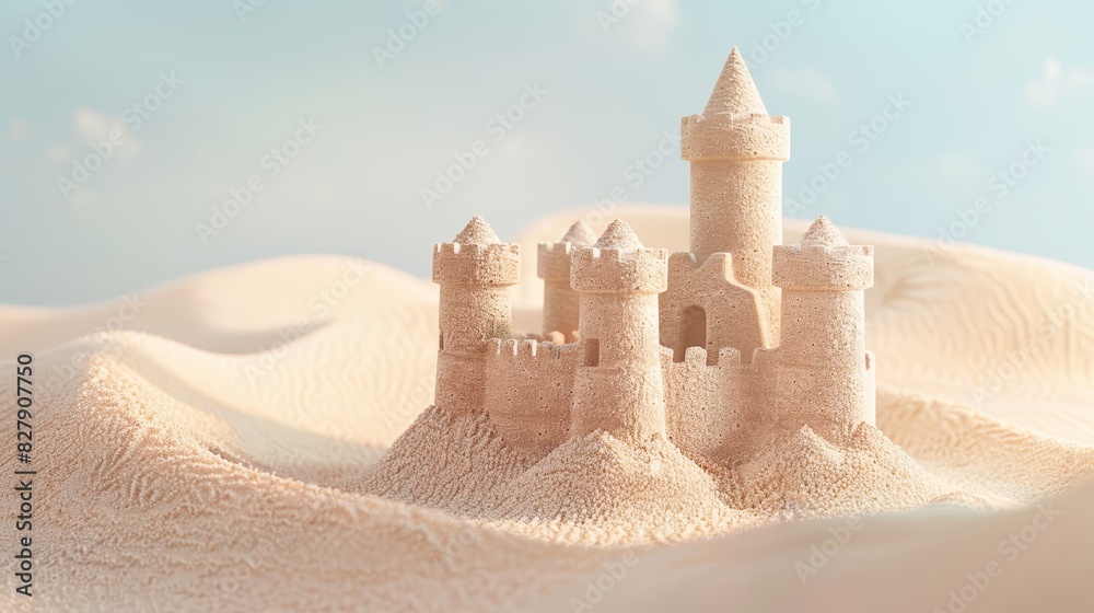 Minimalist flat design of a beach setup with sandcastle building, side ...