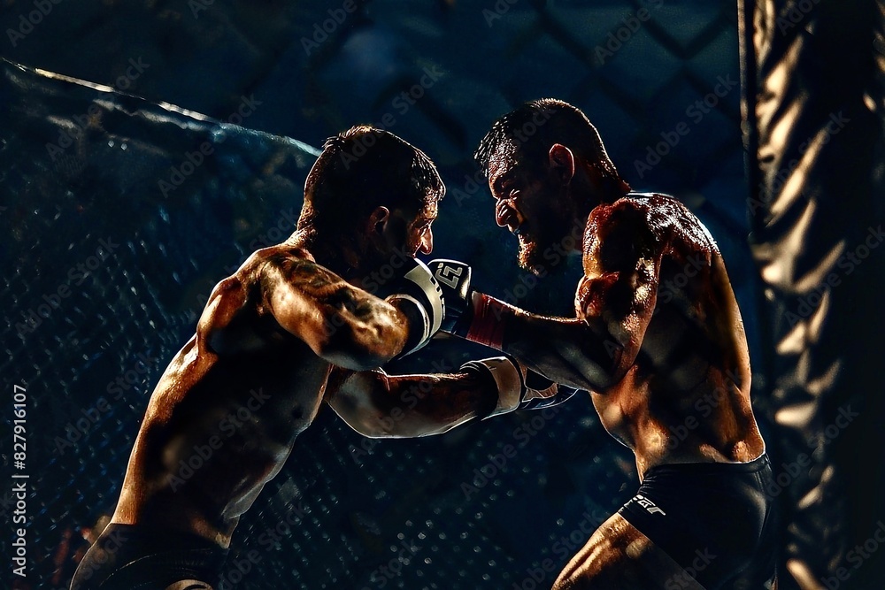 Two professional mixed martial arts fighters in the octagon cage in a ...