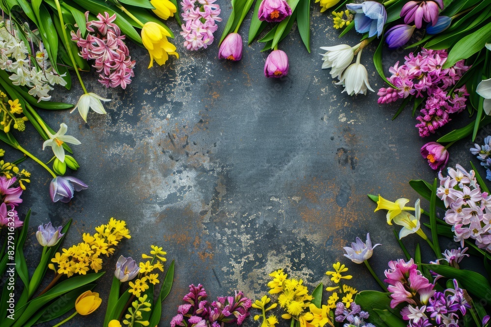 Colorful spring flowers including tulips and hyacinths arranged in a ...