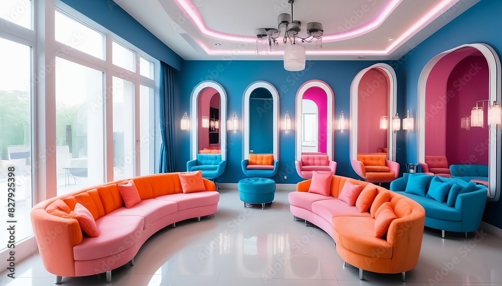 Pink orange blue salon layout Interior of a modern saloon room sofa ...