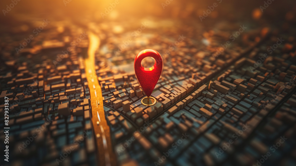 Red location pin icon on a detailed urban map, pinpointing a specific ...