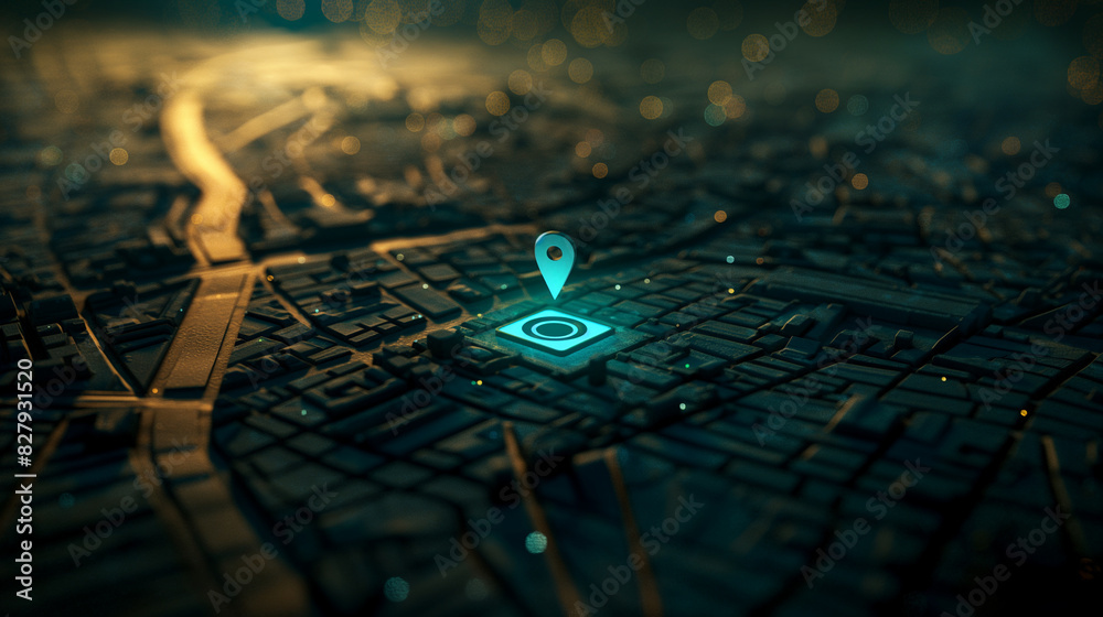 Teal geolocation pin on a detailed urban map, marking a central ...