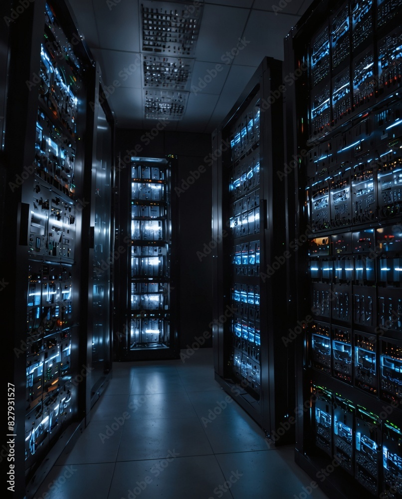 Camera panning through a data center revealing server racks with ...