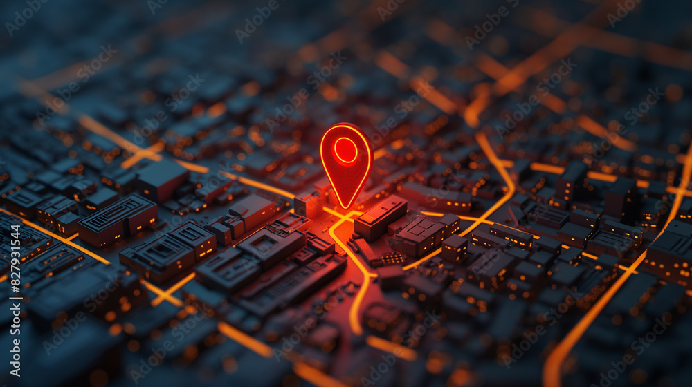 Red navigation icon marking an exact spot on an urban map, showing ...