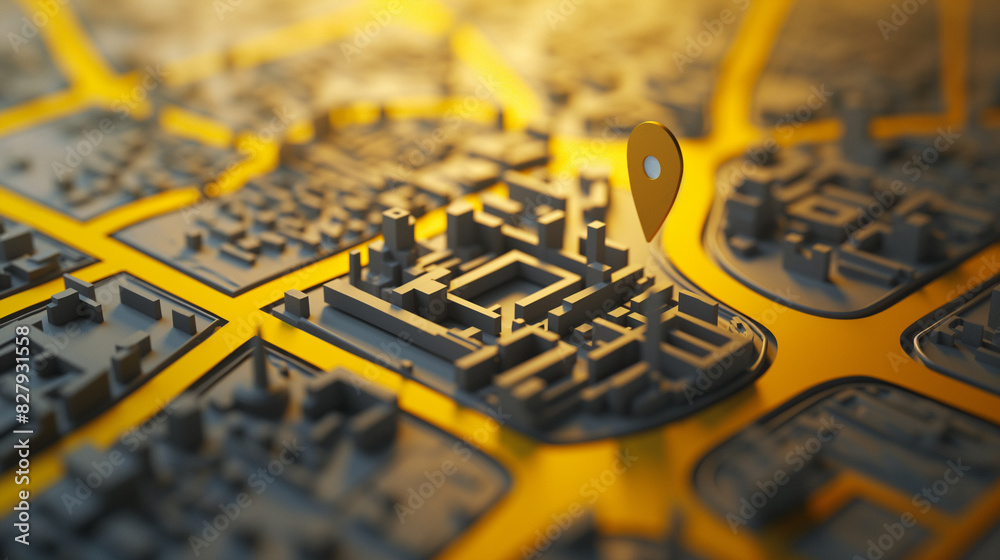 Yellow city map with a highlighted pin icon, marking a key area with ...