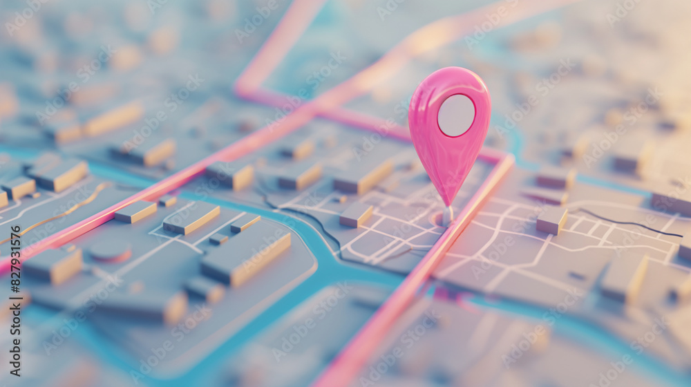 Pink geolocation pin on a detailed urban map, indicating an exact ...