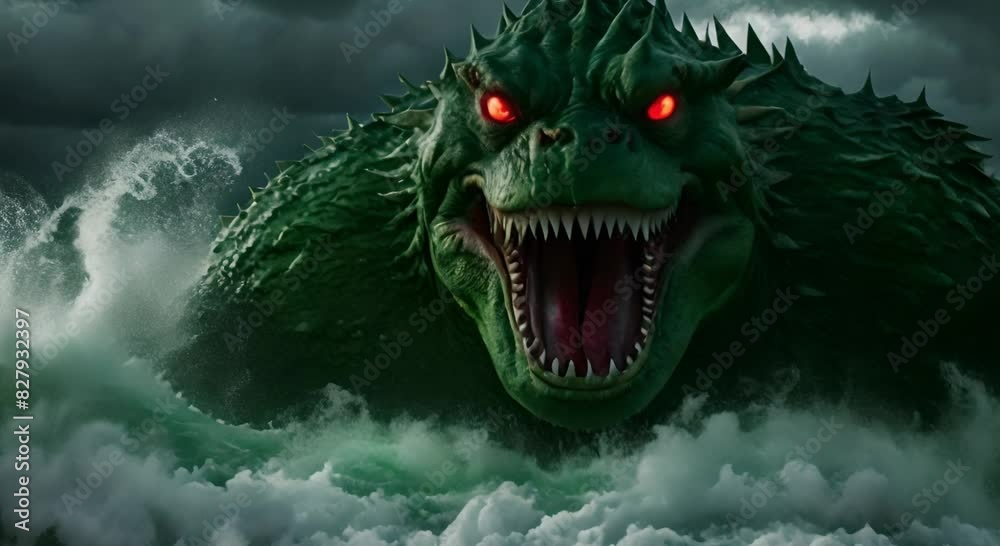 Green monster comes out of the water. Created with Generative AI tools ...