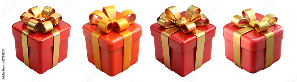 Set of 3d plastic cartoon render flying red square closed present gift ...