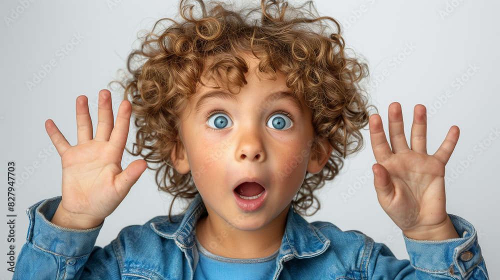 A little boy making a silly face with his hands against a white ...