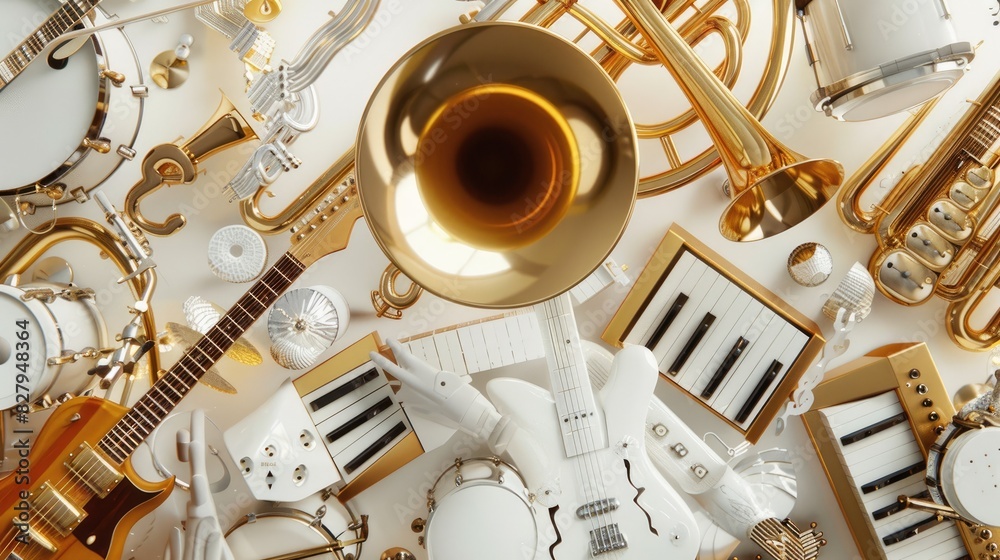 The image is a bunch of musical instruments. There are pianos, guitars ...