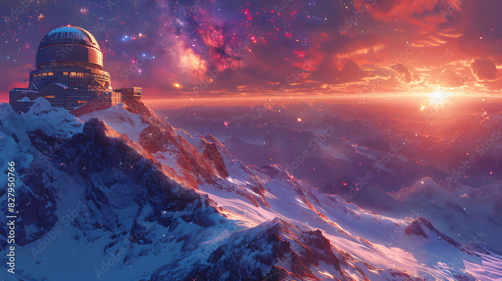 illustration of a celestial observatory perched atop a mountain peak ...