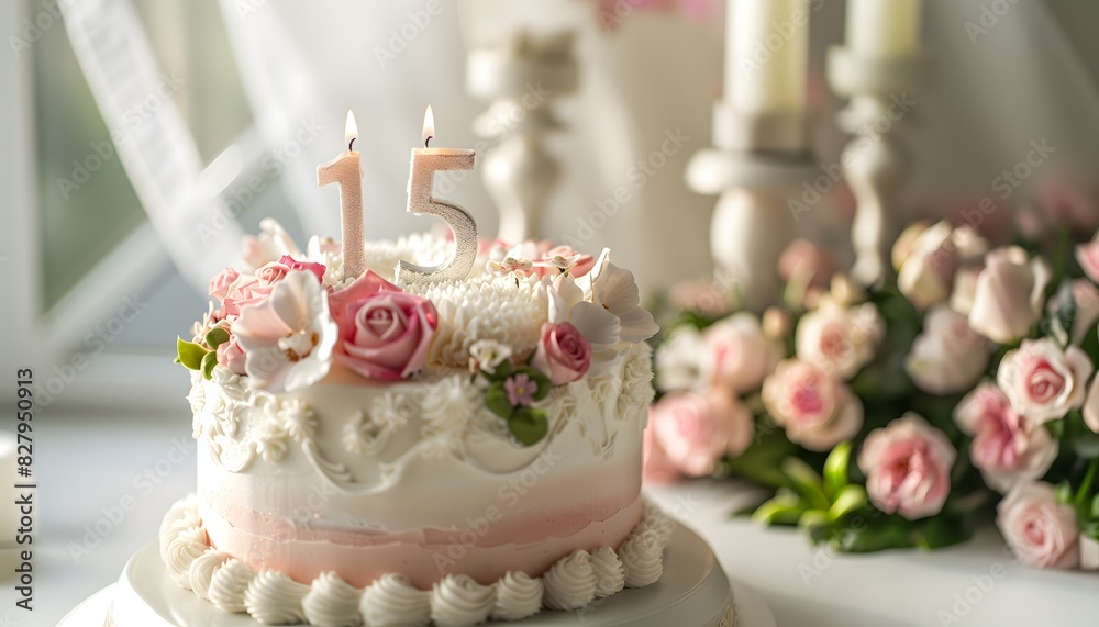 Elegant 15th Birthday Cake with Pink Roses and White Icing Stock Photo ...
