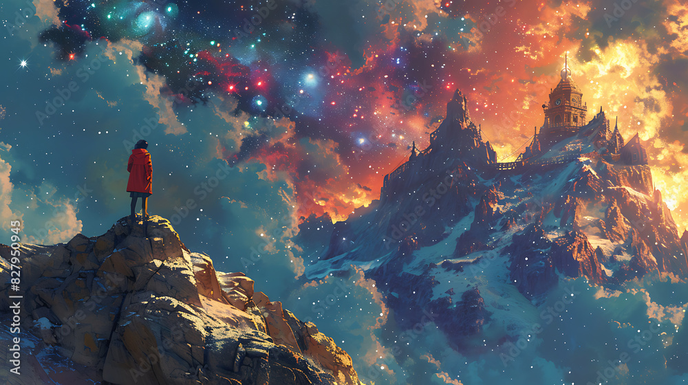 illustration of a celestial observatory perched atop a mountain peak ...