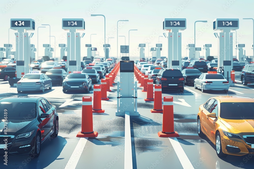 Cars queued at a modern toll booth, emphasizing contemporary ...