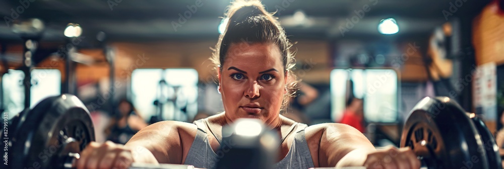 Overweight woman lifting weights in gym, showing determination and ...