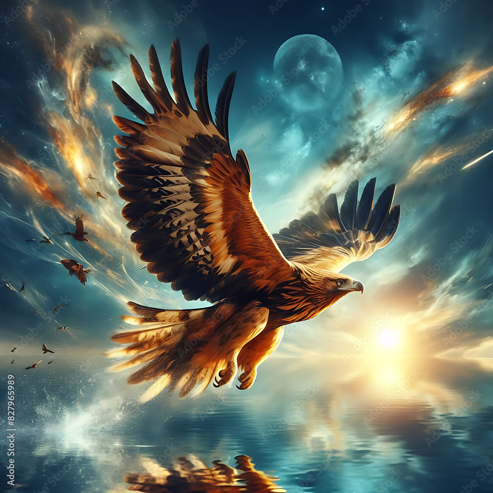 It flies in the air at height. Golden eagle flying around sunset. eagle ...