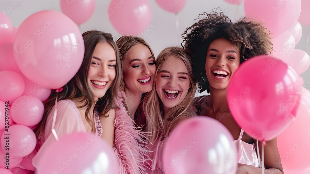 Hen party with bride and gal pals. Bridal celebration pink photo ...