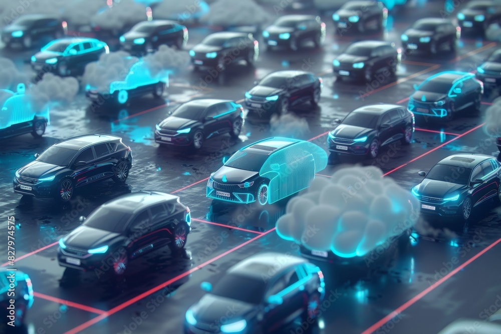 Autonomous cars with digital overlays in a futuristic parking lot ...