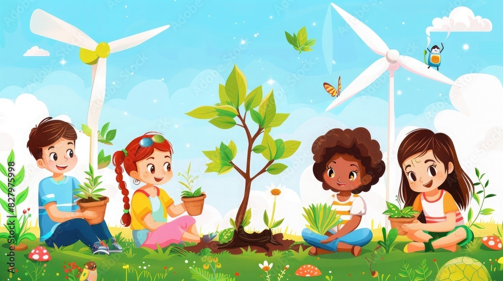 Happy children planting a tree surrounded with wind mill and sitting ...