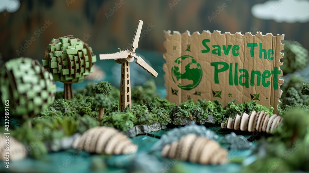 Eco-friendly diorama with wind turbine, trees, and 'Save the Planet ...