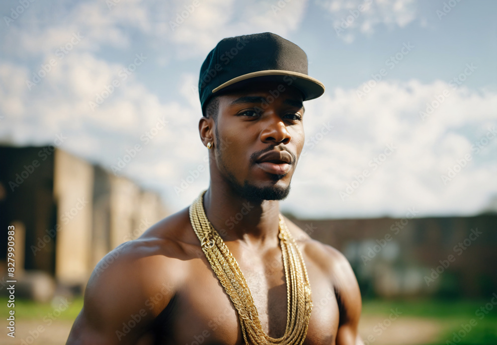 Shirtless muscular rapper with cap and gold chains. Portrait of a black ...