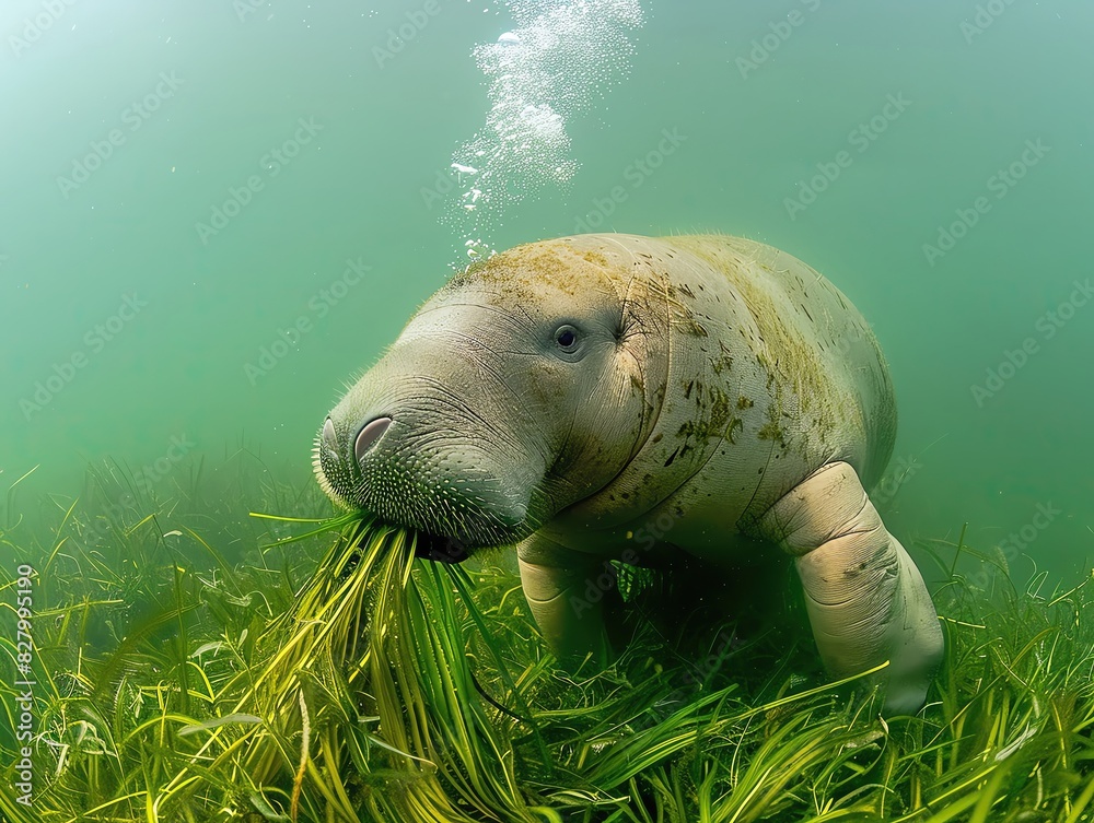 Underwater shot of a manatee grazing on seagrass in a clear, green ...