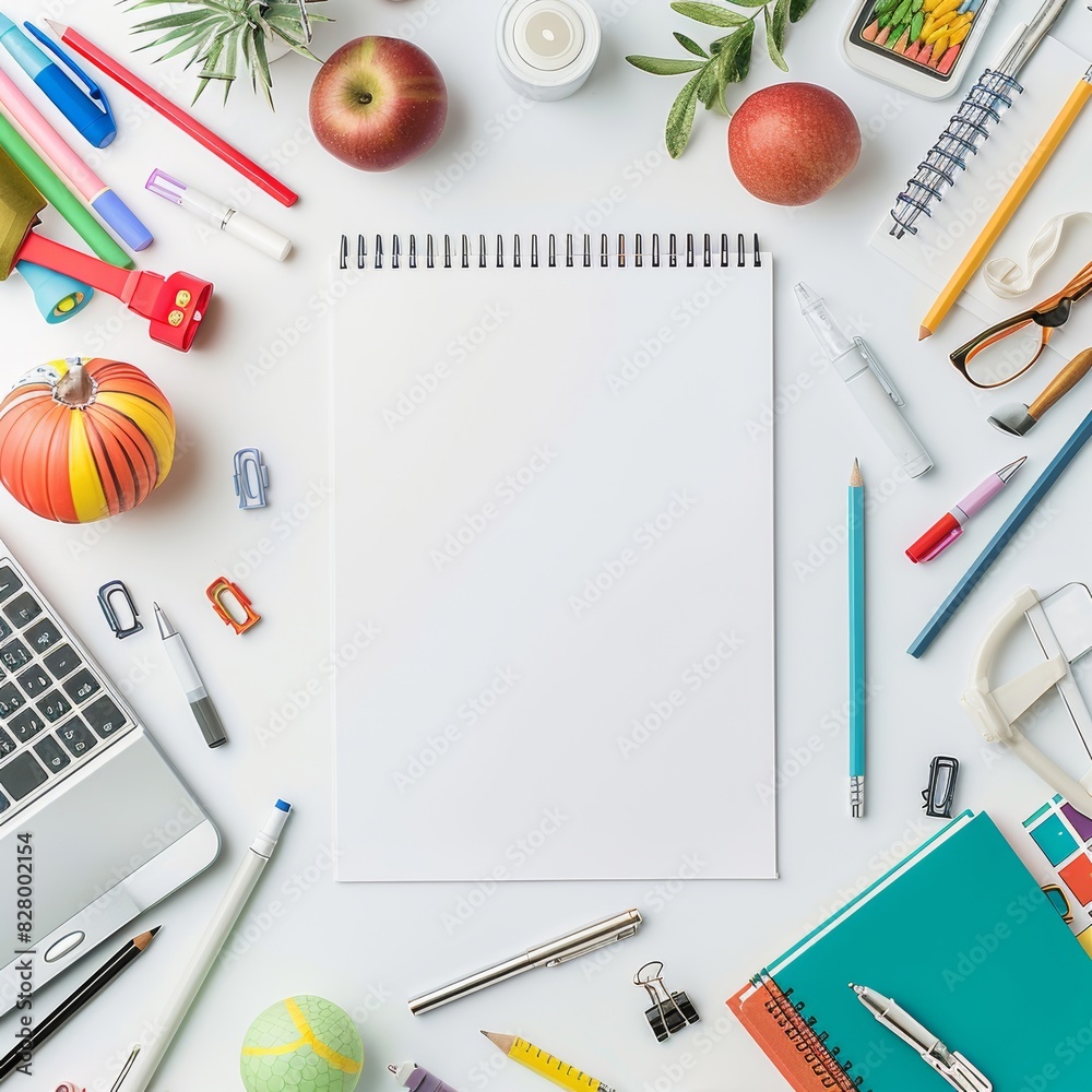 Flat lay mockup for back to school. Empty sheet in the middle. Top view ...