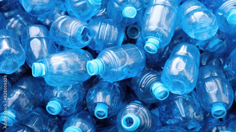 Pile of crushed plastic bottles in blue tones. Piles of water bottles ...
