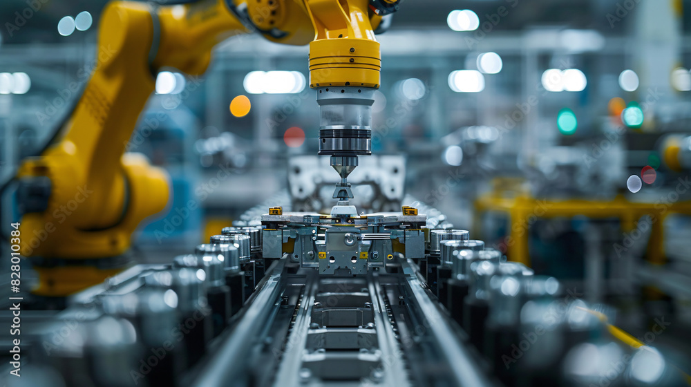 A robotic arm assembling parts of a digital engine system on an ...