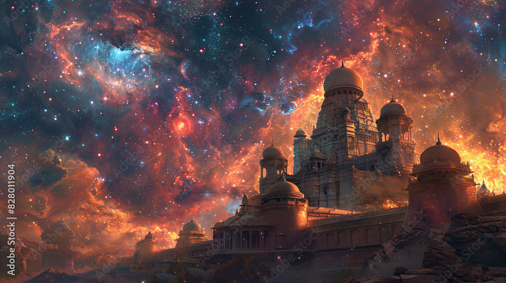 A mesmerizing image capturing a temple beneath a star-studded cosmic ...