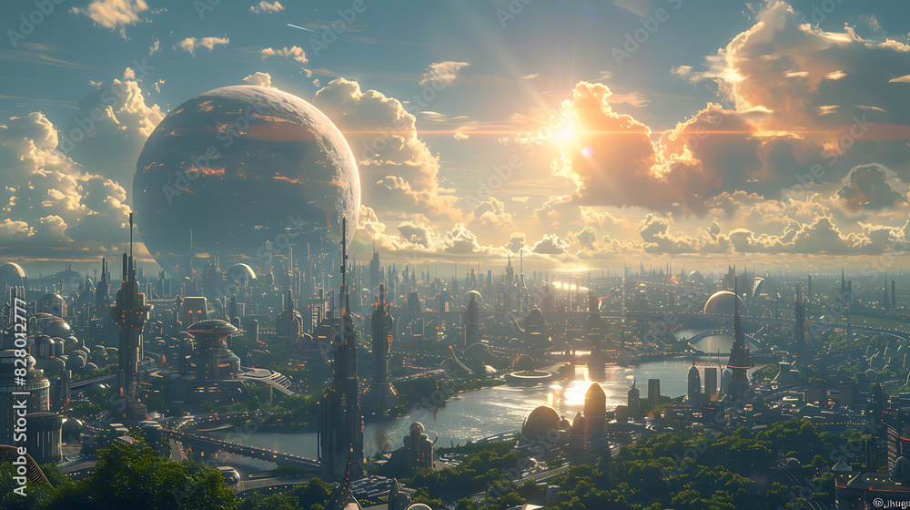 illustration of futuristic utopian society where advanced technology ...