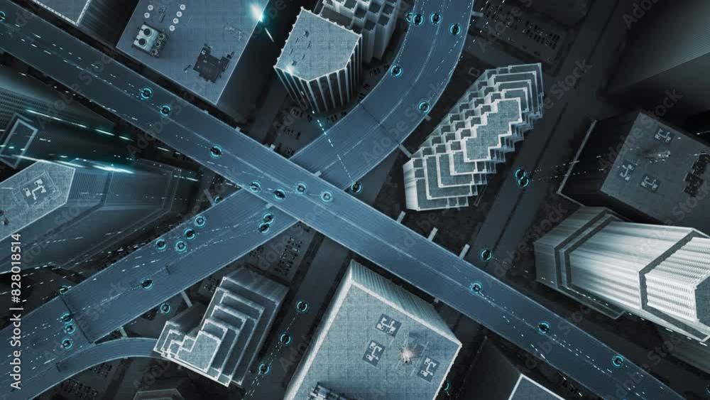 Aerial View of Driverless Vehicles on Inner City Highway Intersection ...