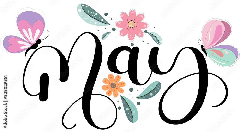 Hello May text hand lettering. MAY month vector with flowers ...