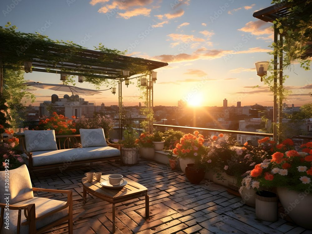 Sunset on rooftop garden, Rooftop garden afternoon view, garden corner ...