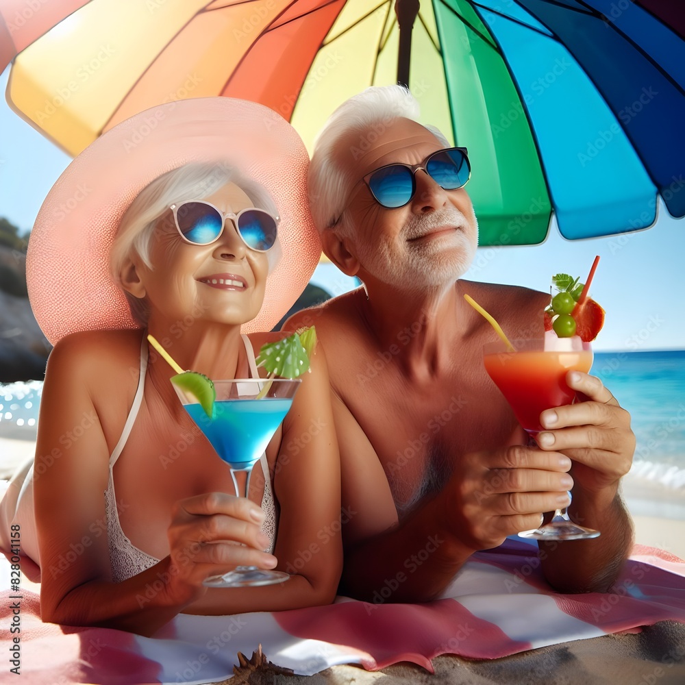 pareja feliz tomando el sol en verano tomando cocteles frente a la playa bajo una sombrilla de ...