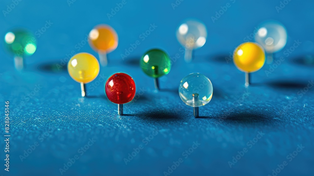 Placement of seven pins one red one yellow one green and four clear on ...