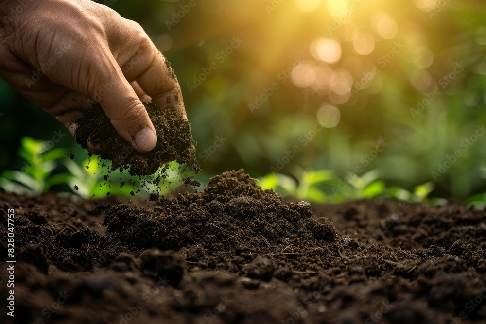 ภาพประกอบสต็อก Hand adding soil to a garden bed, close up of gardening ...