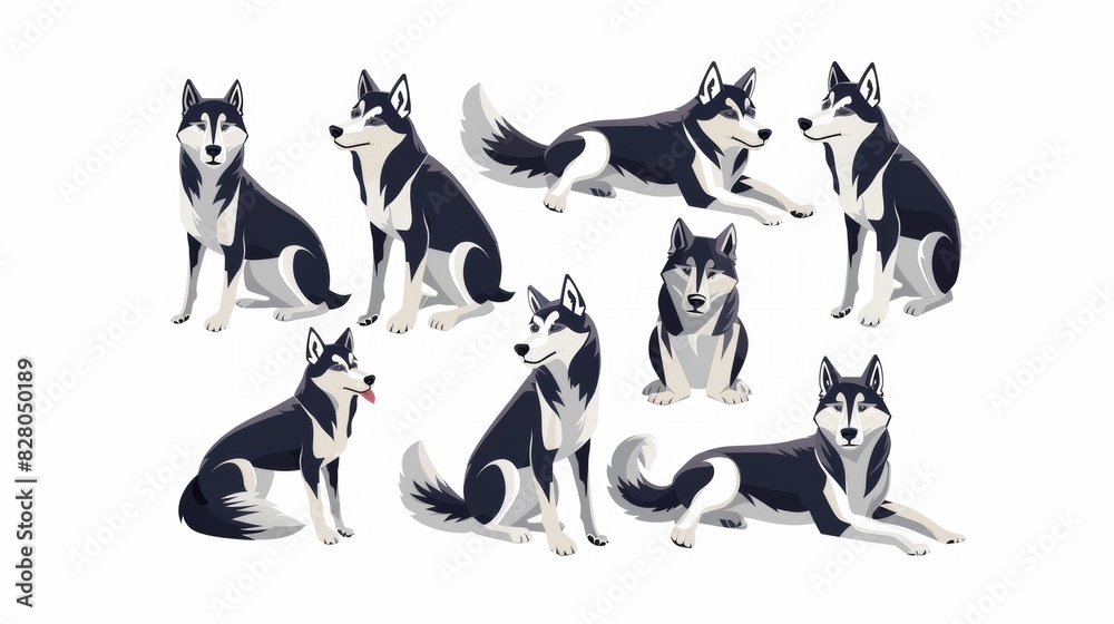 Full body collection with different poses of husky dog. Vector ...