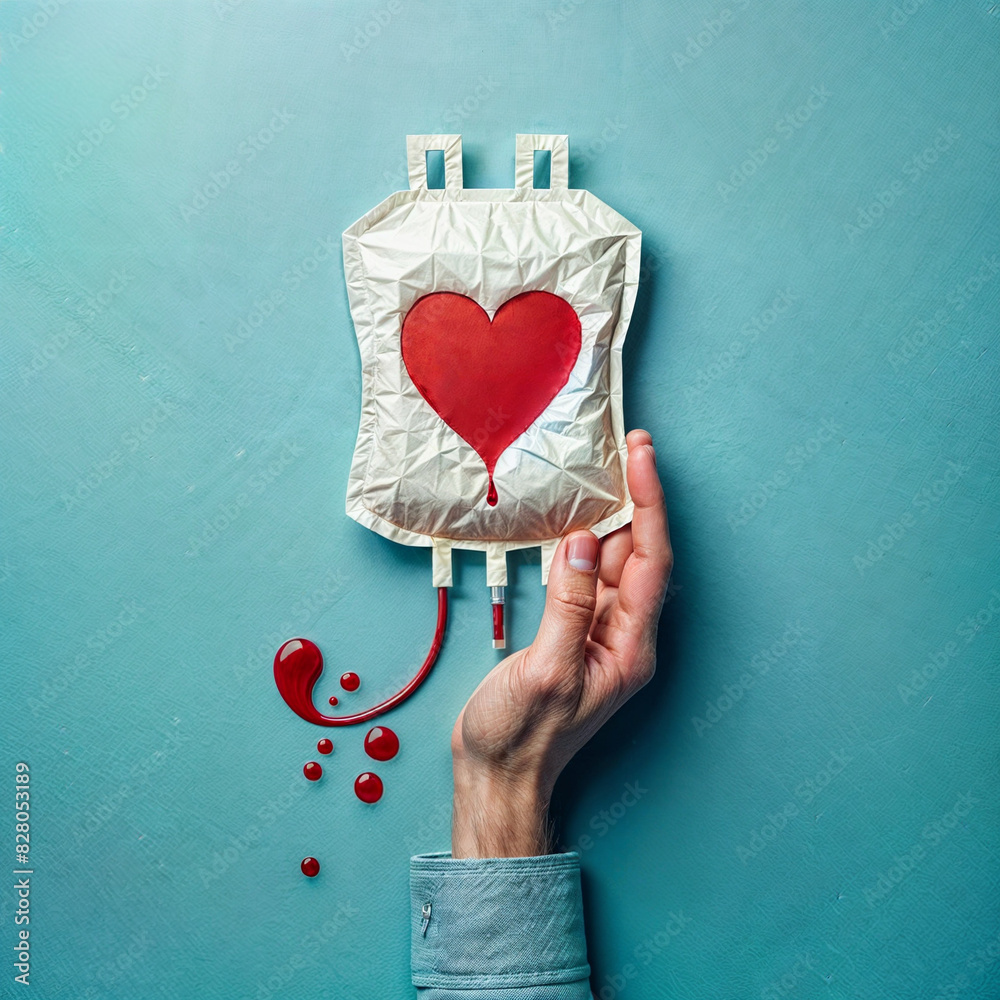 Hand holding bloody bag shape made from paper on blue background, copy ...